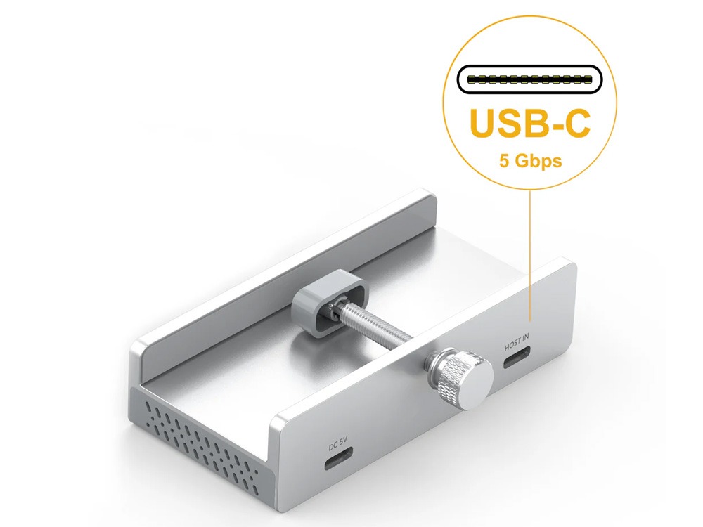 Cruxtec 5-Port Clamp-Mounted USB 3.0 Hub with Type-C Power Port and ...