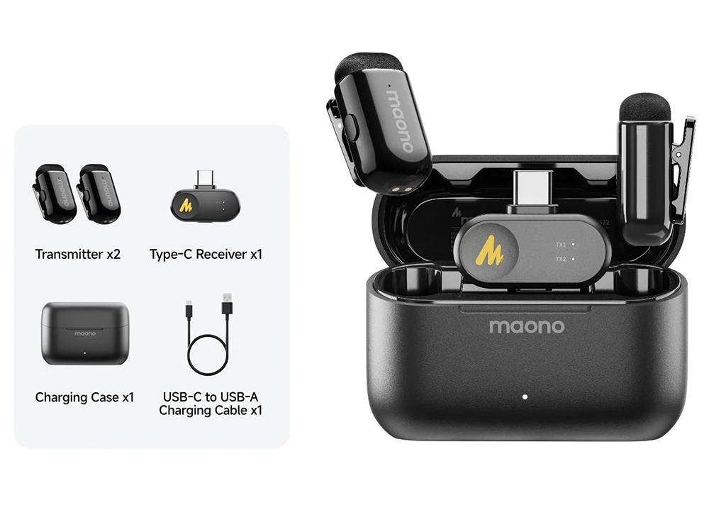 Maono Wave T1 Mini Wireless Microphone - 2 Microphones with Lightning ...